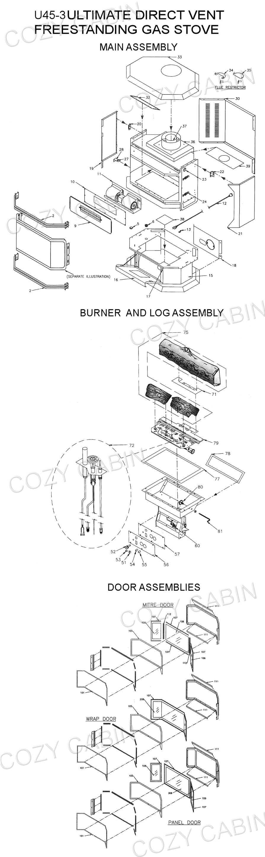 Ultimate Direct-Vent Gas Stove (U45-3) (U45-3) Cozy Cabin Regency Parts ...